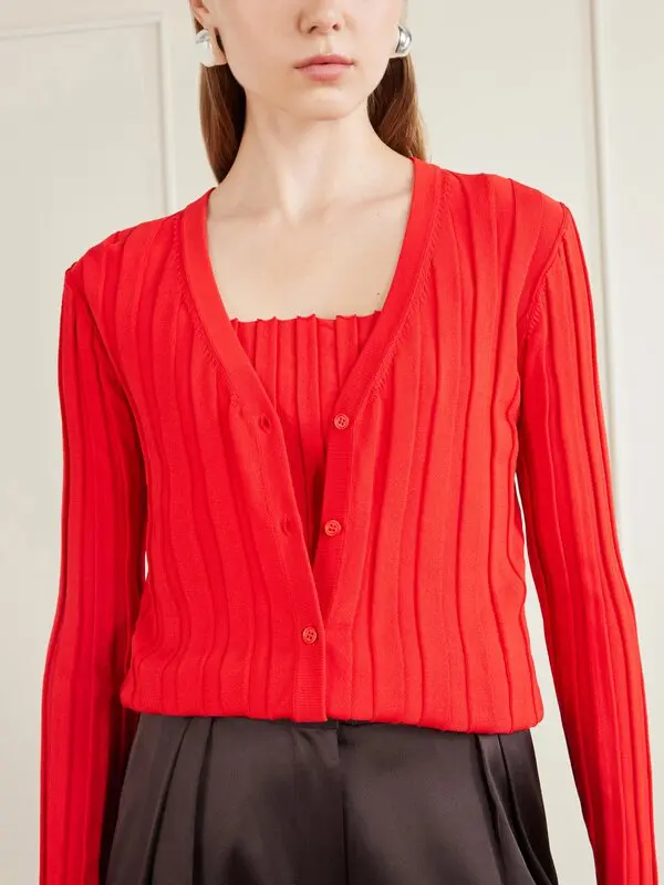 Staud Ezra Ribbed Jersey Cardigan - Red