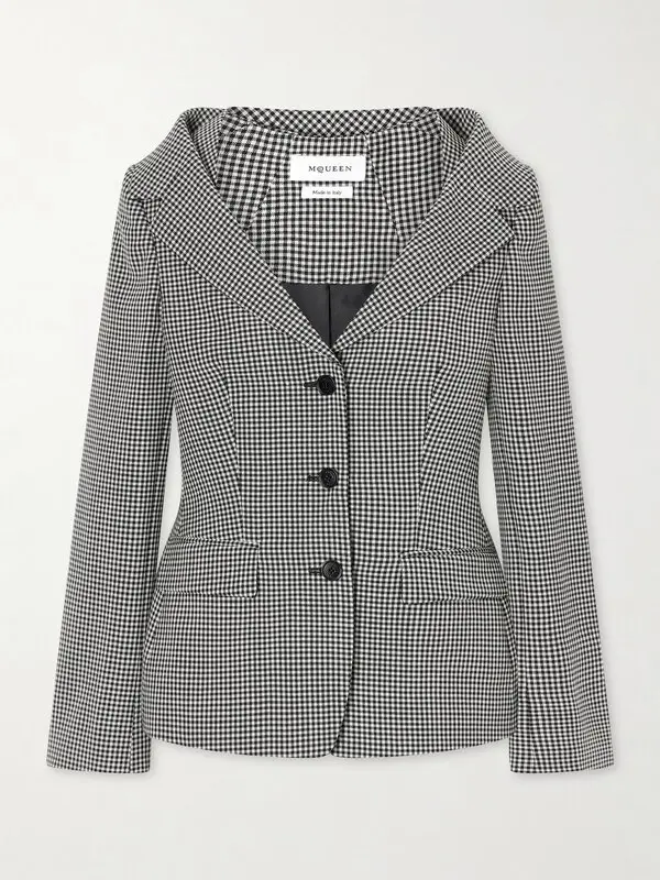 Alexander McQueen Gingham Wool Blazer With Exaggerated Lapels - Gray