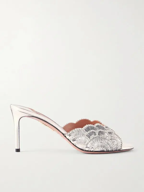 AQUAZZURA Ce Soir 75 Embellished Metallic Leather Mule - Silver