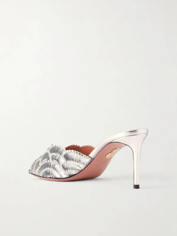 AQUAZZURA Ce Soir 75 Embellished Metallic Leather Mule - Silver