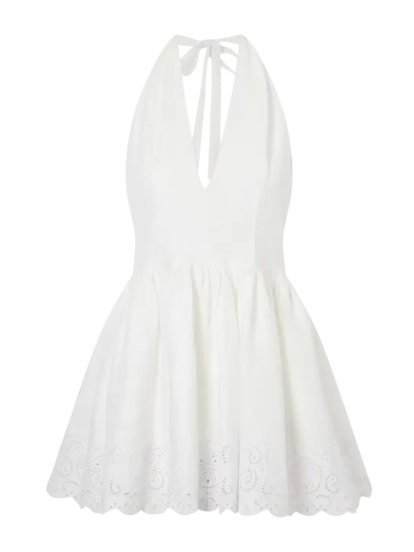 Staud Grazia" Gathered Linen Mini Dress With Eyelet Trim - White