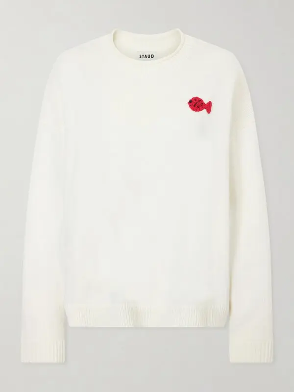 Staud Giada Embroidered Crewneck Sweater - Neutrals