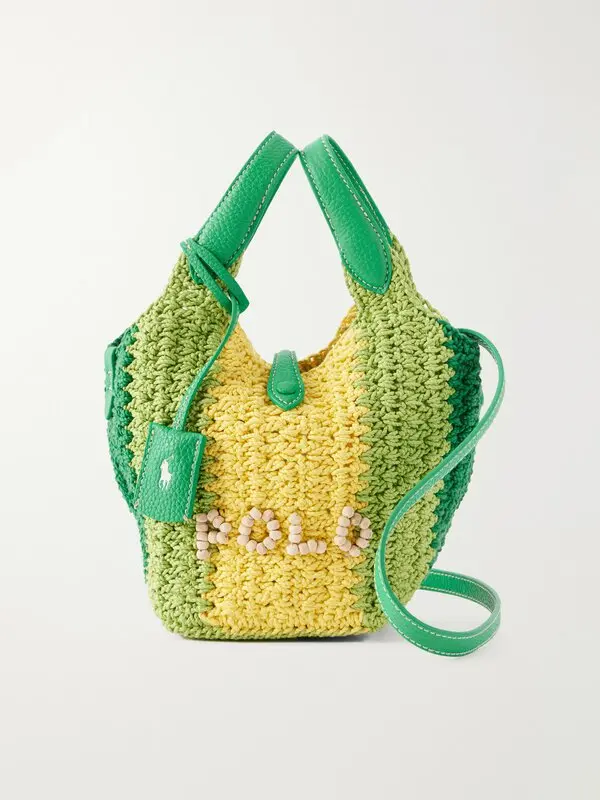 Polo Ralph Lauren Crocheted Bucket Bag With Leather Trim And Beaded Logo - Green