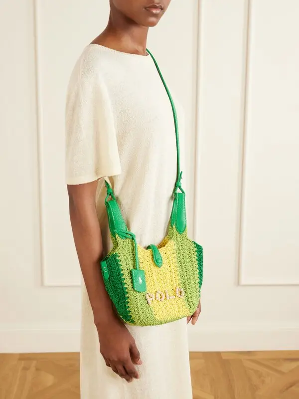 Polo Ralph Lauren Crocheted Bucket Bag With Leather Trim And Beaded Logo