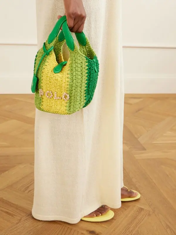 Polo Ralph Lauren Crocheted Bucket Bag With Leather Trim And Beaded Logo