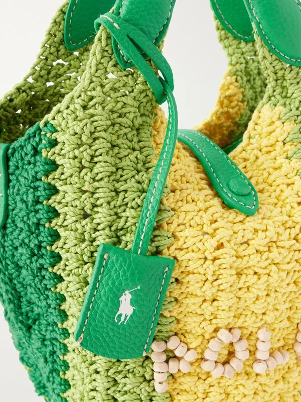 Polo Ralph Lauren Crocheted Bucket Bag With Leather Trim And Beaded Logo