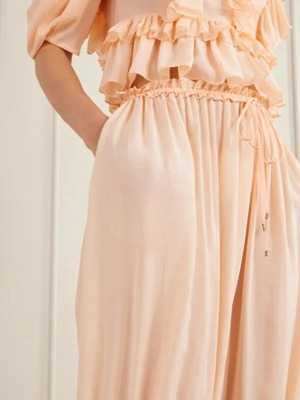 Chloé Ruffled Lace-trimmed Silk-charmeuse Pants