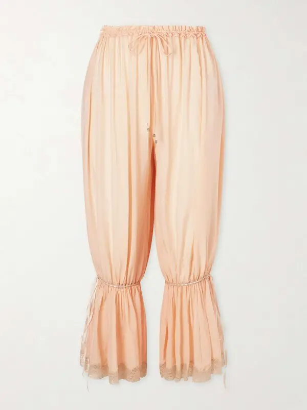 Chloé Ruffled Pleated Lace-trimmed Silk-charmeuse Wide-leg Pants - Peach