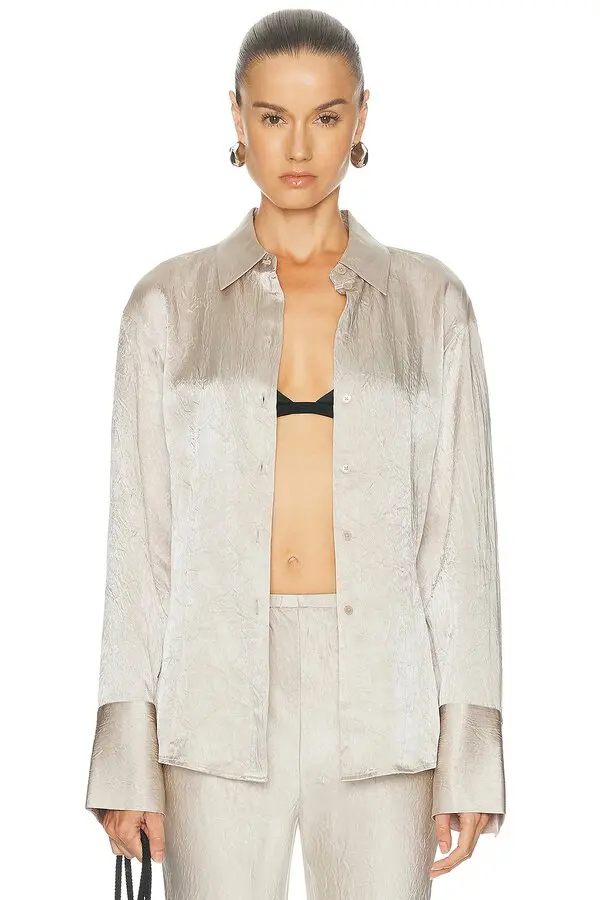 EAVES Freda Slim Shirt In Metallic Neutral - Silver Taupe
