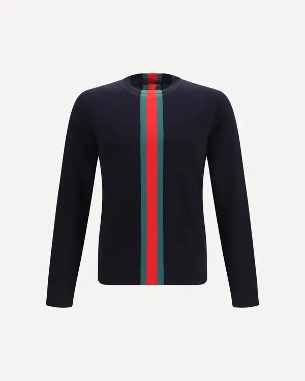 Gucci Knitted Cotton Sweater With Web Intarsi Ale - Blue