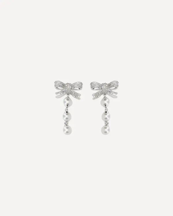 SELF-PORTRAIT Crystal Bow And Pearl Drop Earrings - Silver