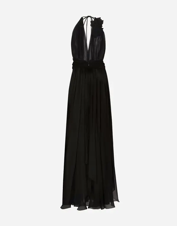 Dolce & Gabbana Long Silk Chiffon Dress With Floral Appliqu