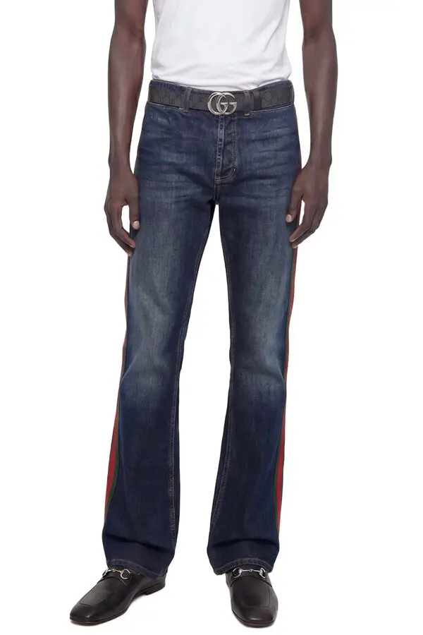 Gucci Flared 5 Pocket Jeans With Web - Blue