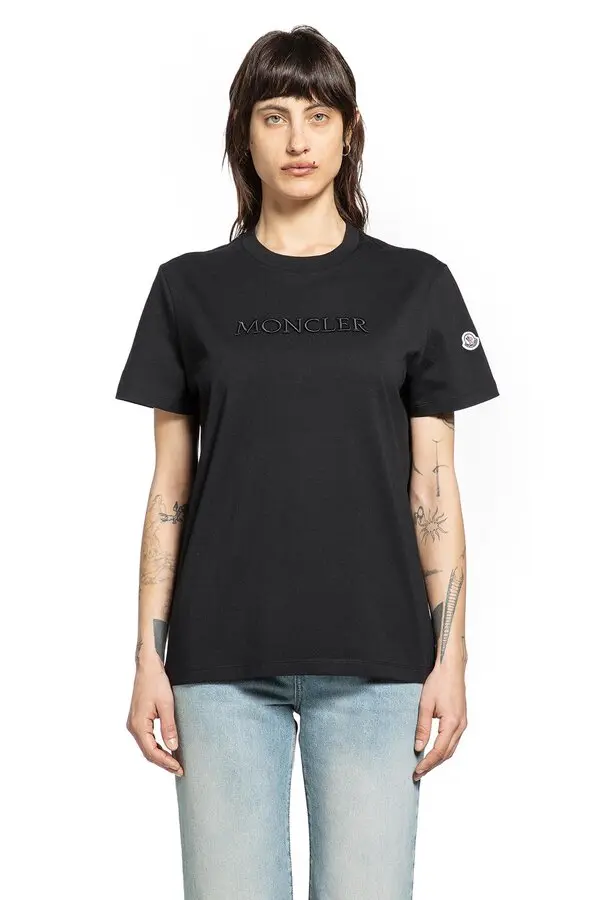 Moncler Embroidered Tonal Logo Cotton T-shirt - Black