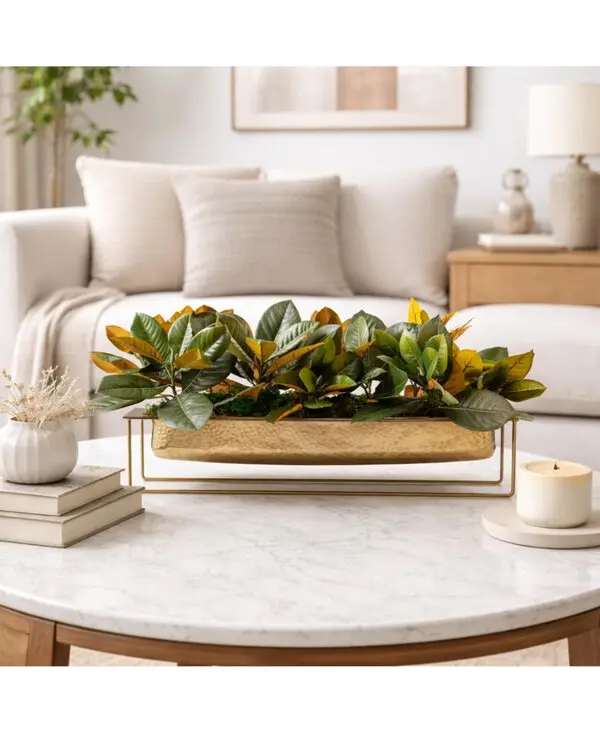 DOMANI HOME Magnolia Leaves In Brass Pot On Stand Arrangement