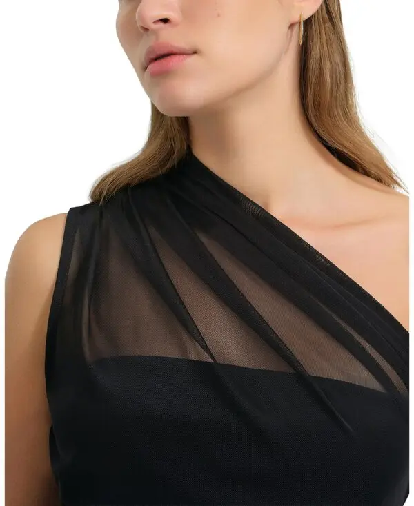 MARCELLA Azur One Shoulder Top With Draped Mesh Detail - Black