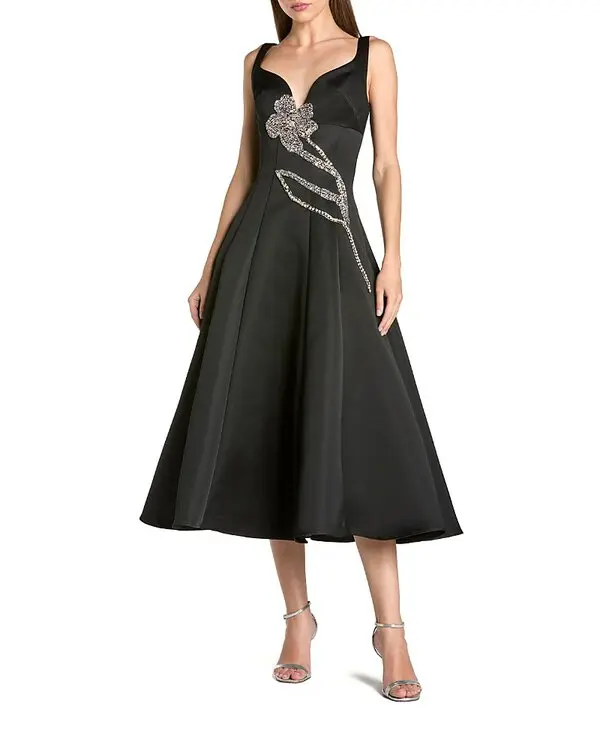 Mac Duggal A-line Midi Dress With Embellished Flower - Black Gold