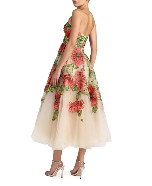 Mac Duggal Embroidered Mesh Strapless A-line Midi Dress