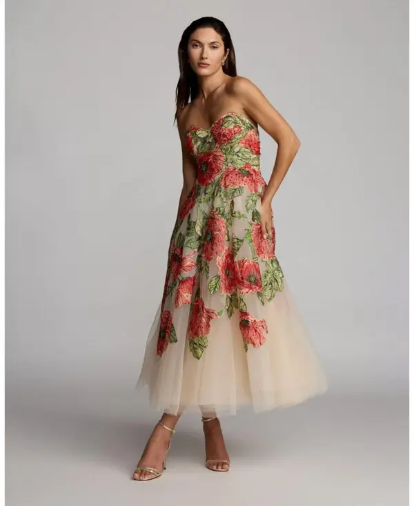 Mac Duggal Embroidered Mesh Strapless A-line Midi Dress