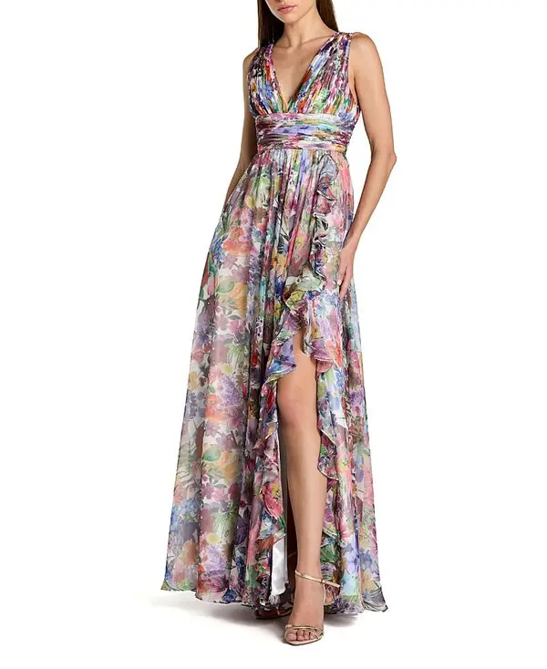 Mac Duggal Sleeveless Printed Chiffon V Neck Ruched Gown