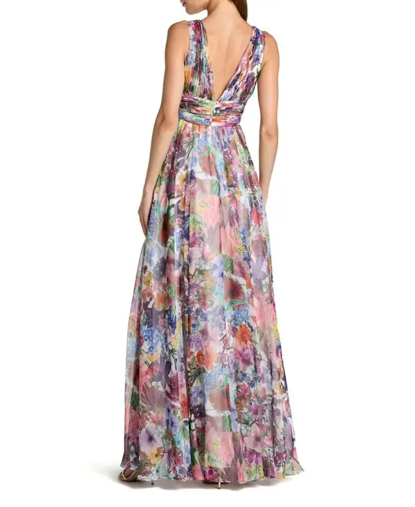 Mac Duggal Sleeveless Printed Chiffon V Neck Ruched Gown