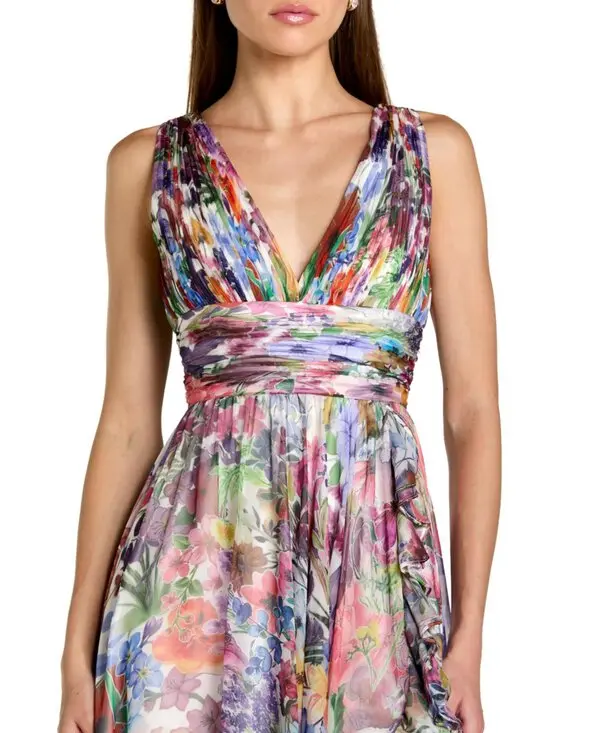 Mac Duggal Sleeveless Printed Chiffon V Neck Ruched Gown