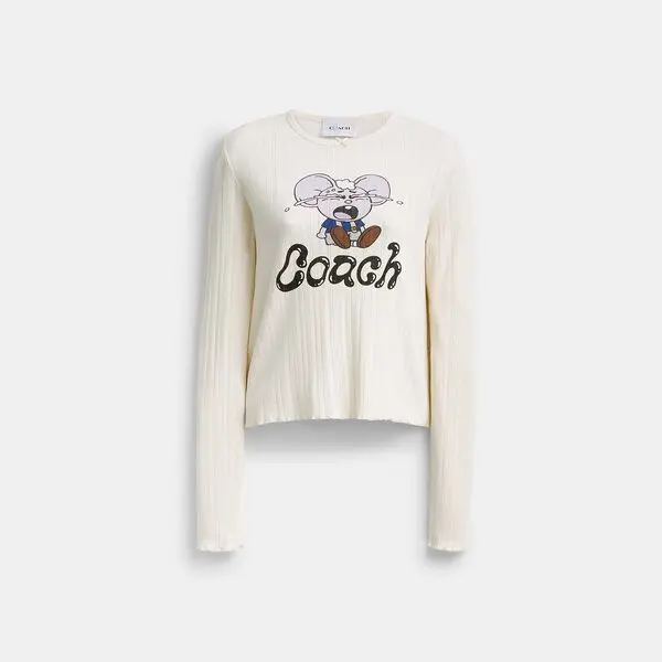 COACH X Brain Dead Kachi Mouse Graphic Long Sleeve Pointelle Top - Cream