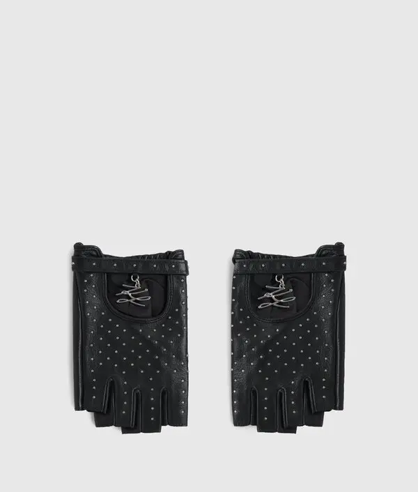 Karl Lagerfeld Studded Fingerless Leather Gloves - Black