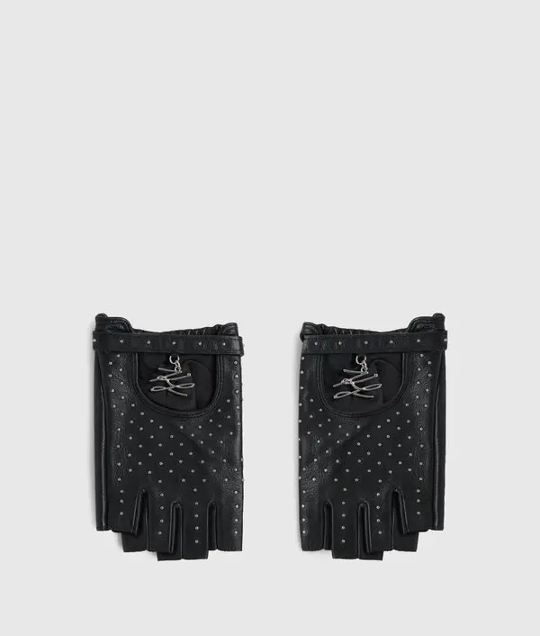 Karl Lagerfeld Studded Fingerless Leather Gloves - Black