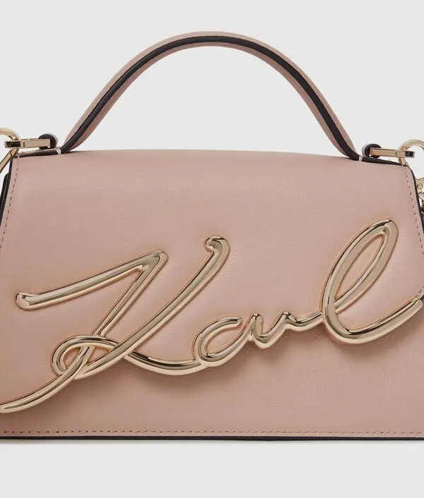 Karl Lagerfeld K/signature Small Crossbody Bag In Black Leather With Gold Tone Hardware - Pink