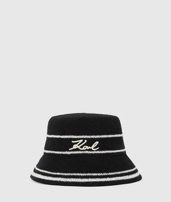 Karl Lagerfeld Signature Knit Bucket Hat - Black/white