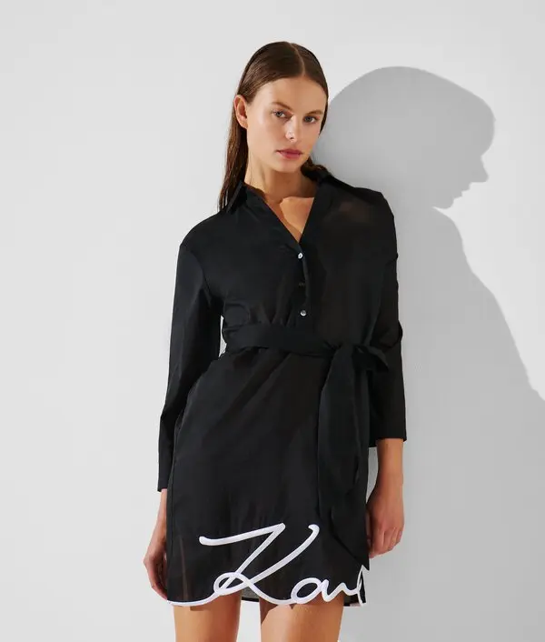 Karl Lagerfeld Cotton Shirt Dress With Signature Embroidery - Black