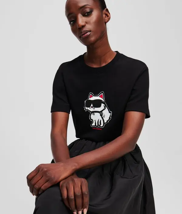Karl Lagerfeld Ikon Choupette T-shirt In Organic Cotton - Black
