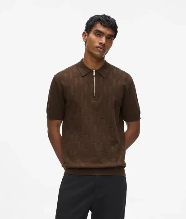 Karl Lagerfeld Monogram Zip-up Polo Shirt - Black Coffee