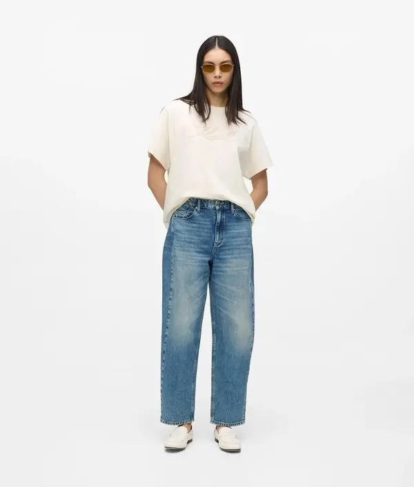 Karl Lagerfeld Mid-rise Barrel-leg Jeans In Medium Wash Denim - Mid Blue