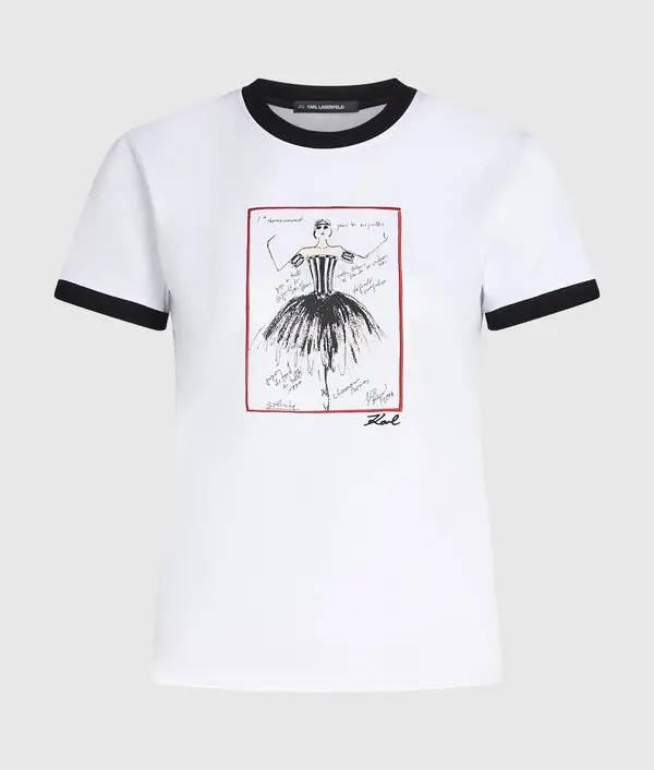 Karl Lagerfeld Slim Fit T-shirt With Ballet Sketch - White