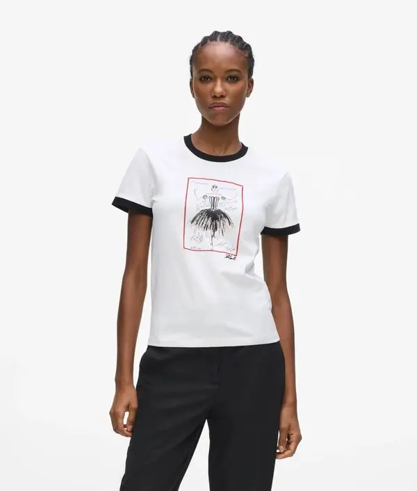Karl Lagerfeld Slim Fit T-shirt With Ballet Sketch - White