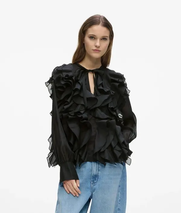 Karl Lagerfeld Organza Ruffle Blouse - Black