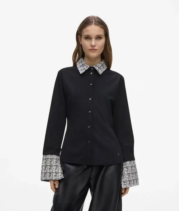 Karl Lagerfeld Long-sleeved Bouclé Detail Polo Shirt - Black-black And White Eiffel Tower Boucle