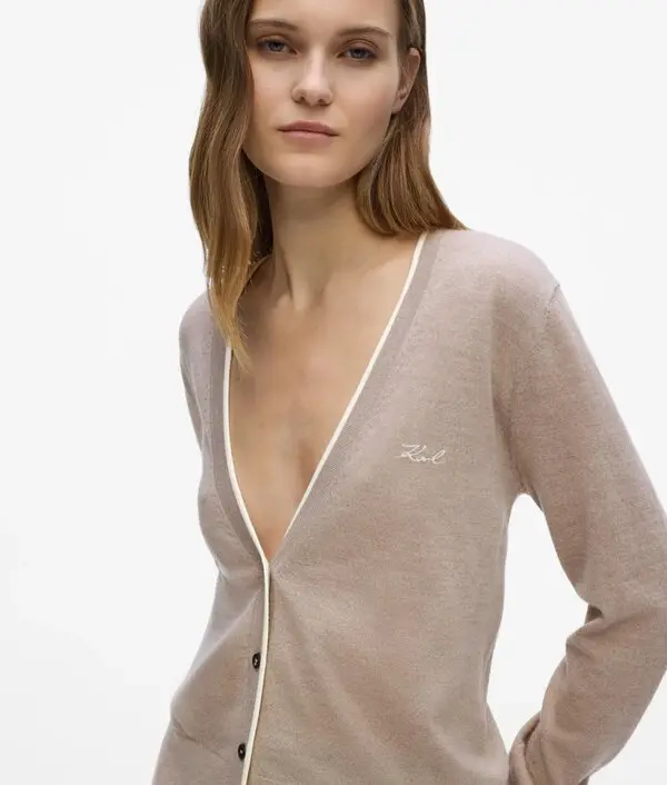 Karl Lagerfeld Merino Wool V-neck Cardigan With Contrast Piping - Sandstone Melange