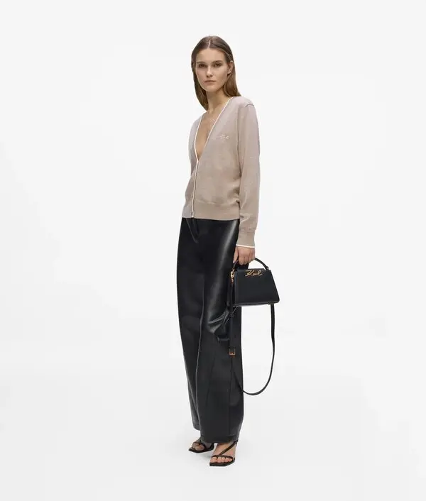 Karl Lagerfeld Merino Wool V-neck Cardigan With Contrast Piping - Sandstone Melange