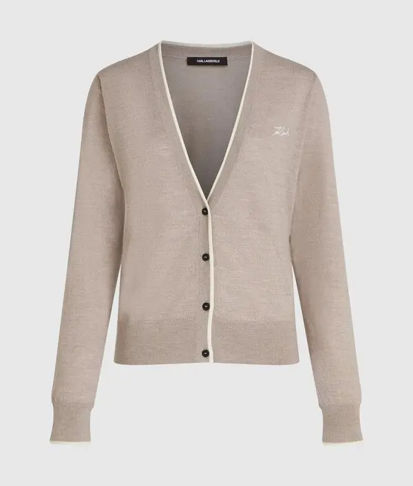 Karl Lagerfeld Merino Wool V-neck Cardigan With Contrast Piping - Sandstone Melange