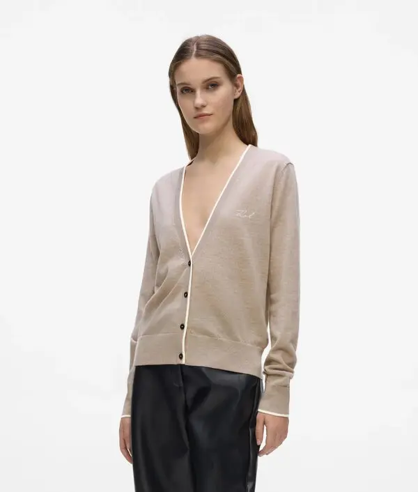 Karl Lagerfeld Merino Wool V-neck Cardigan With Contrast Piping - Sandstone Melange