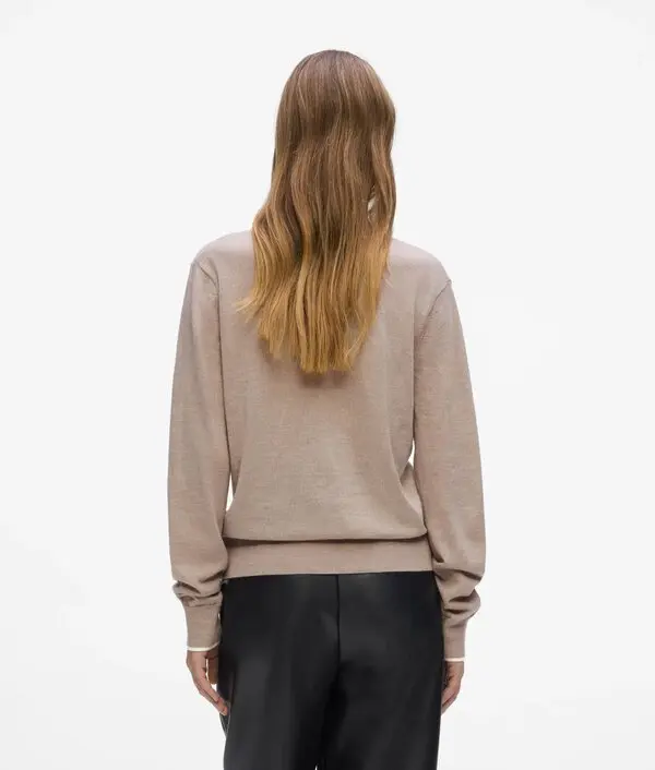 Karl Lagerfeld Merino Wool V-neck Cardigan With Contrast Piping - Sandstone Melange