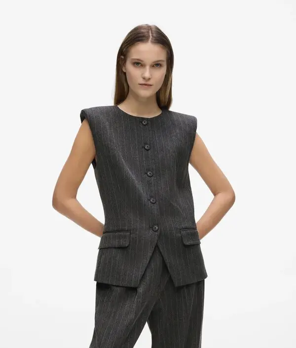 Karl Lagerfeld Pinstripe Tailored Vest With Rhinestone Embellishments - Grey Melang