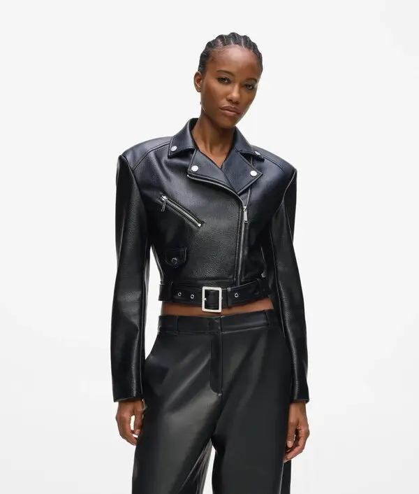 Karl Lagerfeld Faux Leather Cropped Biker Jacket With Padded Shoulders - Black