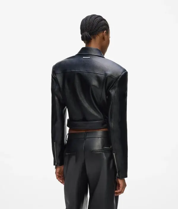 Karl Lagerfeld Faux Leather Cropped Biker Jacket With Padded Shoulders