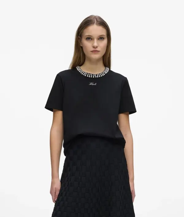 Karl Lagerfeld Faux-pearl Neck Organic Cotton T-shirt - Black