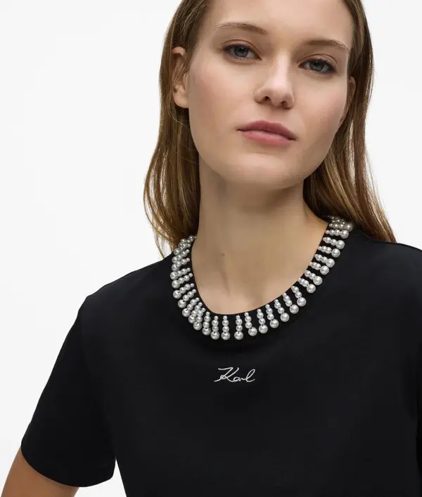 Karl Lagerfeld Faux-pearl Neck Organic Cotton T-shirt - Black