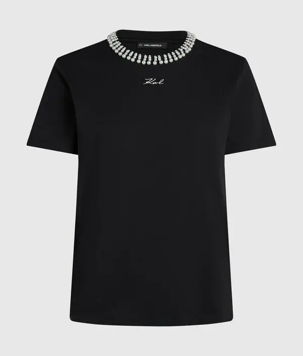 Karl Lagerfeld Faux-pearl Neck Organic Cotton T-shirt - Black